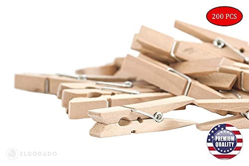 Eldorado Clothespins, Standard Natural Wooden, Stain Proof, 3 inch, 200 Value Pack, for Multipurpose Everyday Laundry, Clothes, Towels, Craft, Photos, Pictures, Decor, Baby Shower, Art Wall