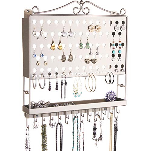 Angelynn's Stud Dangle Earring Holder Wall Hanging Jewelry Organizer Display Necklace Bracelet Closet Storage Rack Tray, AAA Satin Nickel Silver