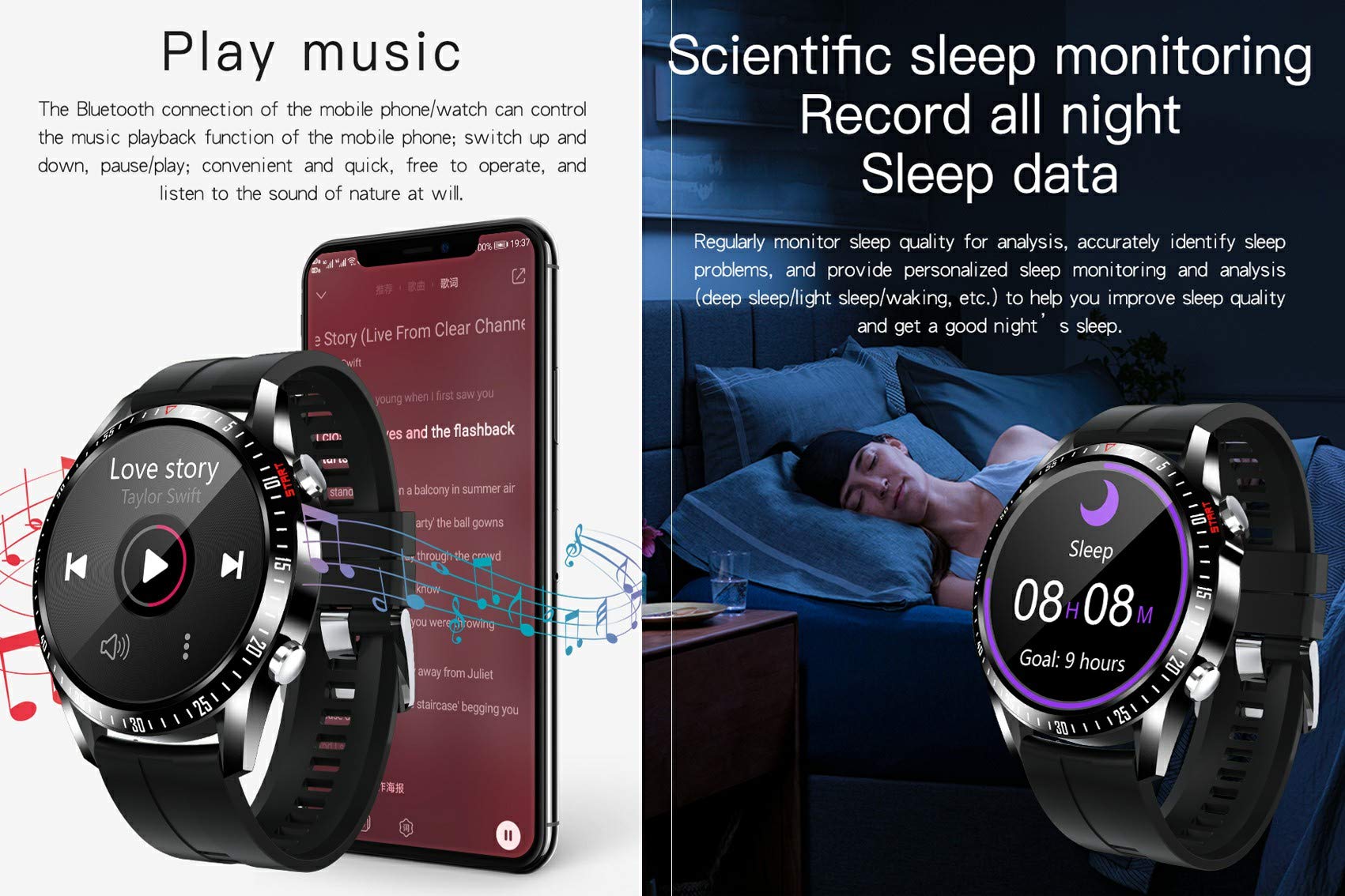 KRG Kerunga Business Sports Smart Watch Compatible with iPhone and Android/with Bluetooth Calling/Heart Rate/Sleep Tracker/IP67 (Black Silicone Strap Style, KRG-K29, 10*1.8*0.5inch