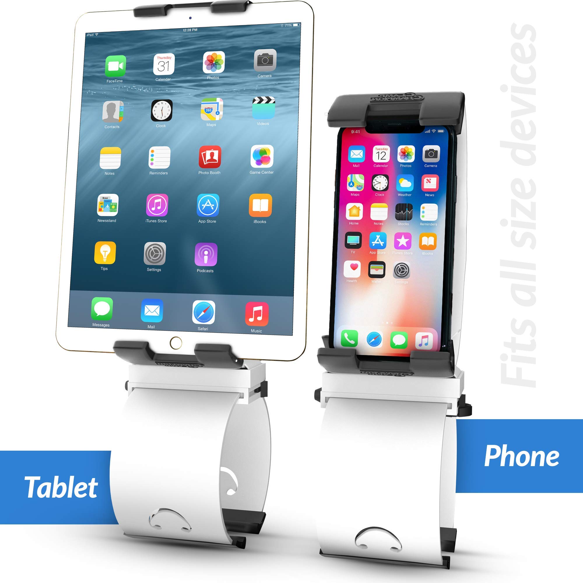Clamp Champion Pro - Universal Tablet and Cell Phone Holder and Stand for The Couch, Bed, Car, Kitchen, Leg, Office, Airplane, Pillow - Fits 3 Inch to 12 Inch Devices (Black)