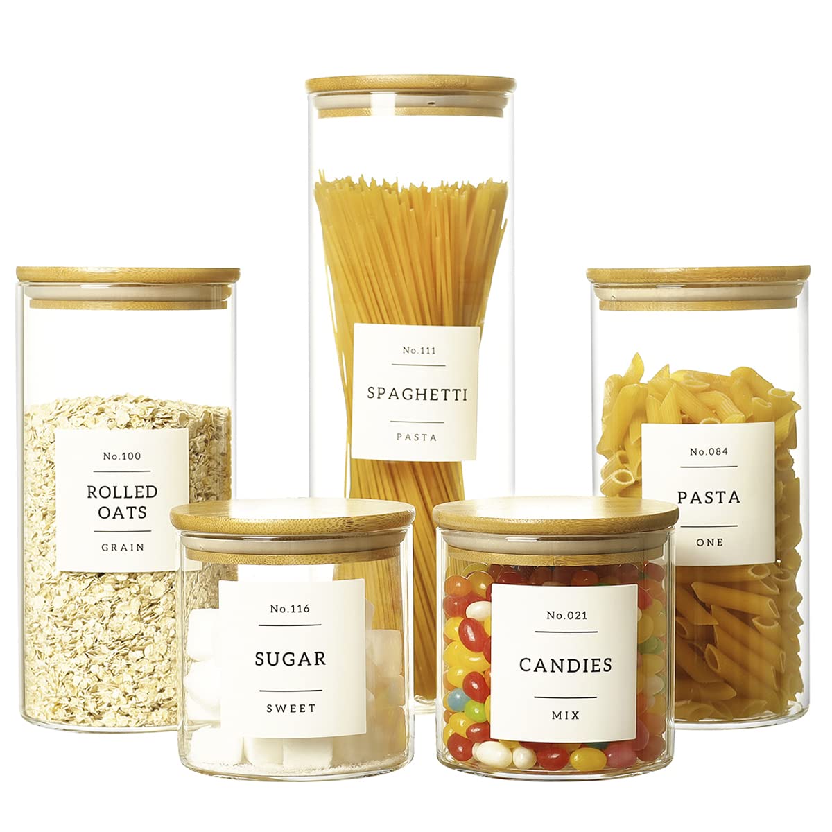 5 Pcs Glass Food Storage Containers With 132 Pantry Labels Preprinted - Thicken(3mm) Jars Airtight Bamboo Lid Stackable Kitchen Canisters Set For Candy, Cookie, Rice, Sugar, Flour