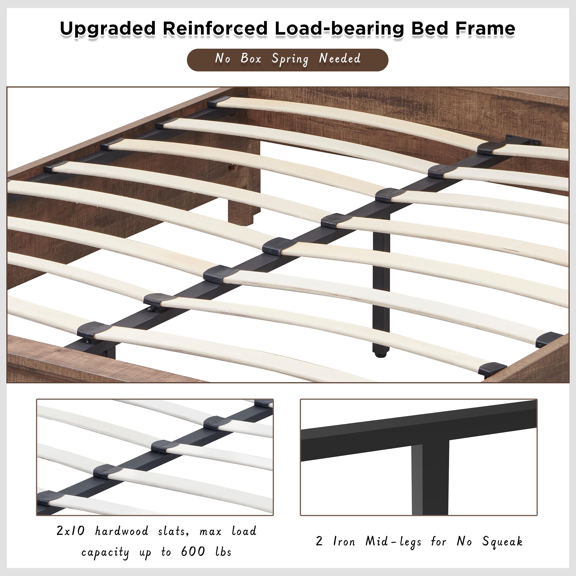 ACCOHOHO Farmhouse Queen Size Bed Frame with 52" Tall Full-Panel Headboard & Footboard, Queen Platform Bedframe with Storage Drawers, Wood Panel Bed Base, No Squeak, No Box Spring Needed, Light Brown