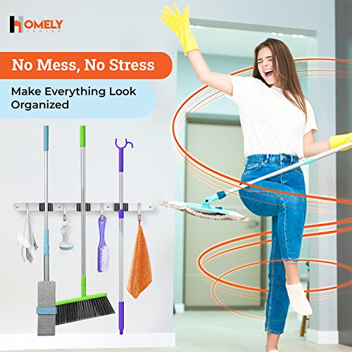 Homely Center Mop and Broom Holder Wall Mount β Heavy-Duty Broom Closet Organizer for Garage, Kitchen, Laundry Organization β Broom and Mop Holder β Tool Hanger with 3 broom racks and 4 broom hooks