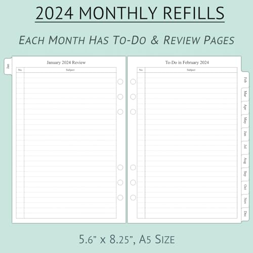 2024 Monthly Planner Refill for A5 Binder, Two Page Per Month, January 2024 - December 2024, 5.6"x8.25", 6-Hole Punched