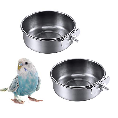 kathson 2 Pack Bird Feeding Cups with Clamp Holder, Parrot Food & Water Cage Hanging Bowl Stainless Steel Coop Cup Dish Feeder for Parakeet Cockatiels Conure Budgies Lovebird Finch