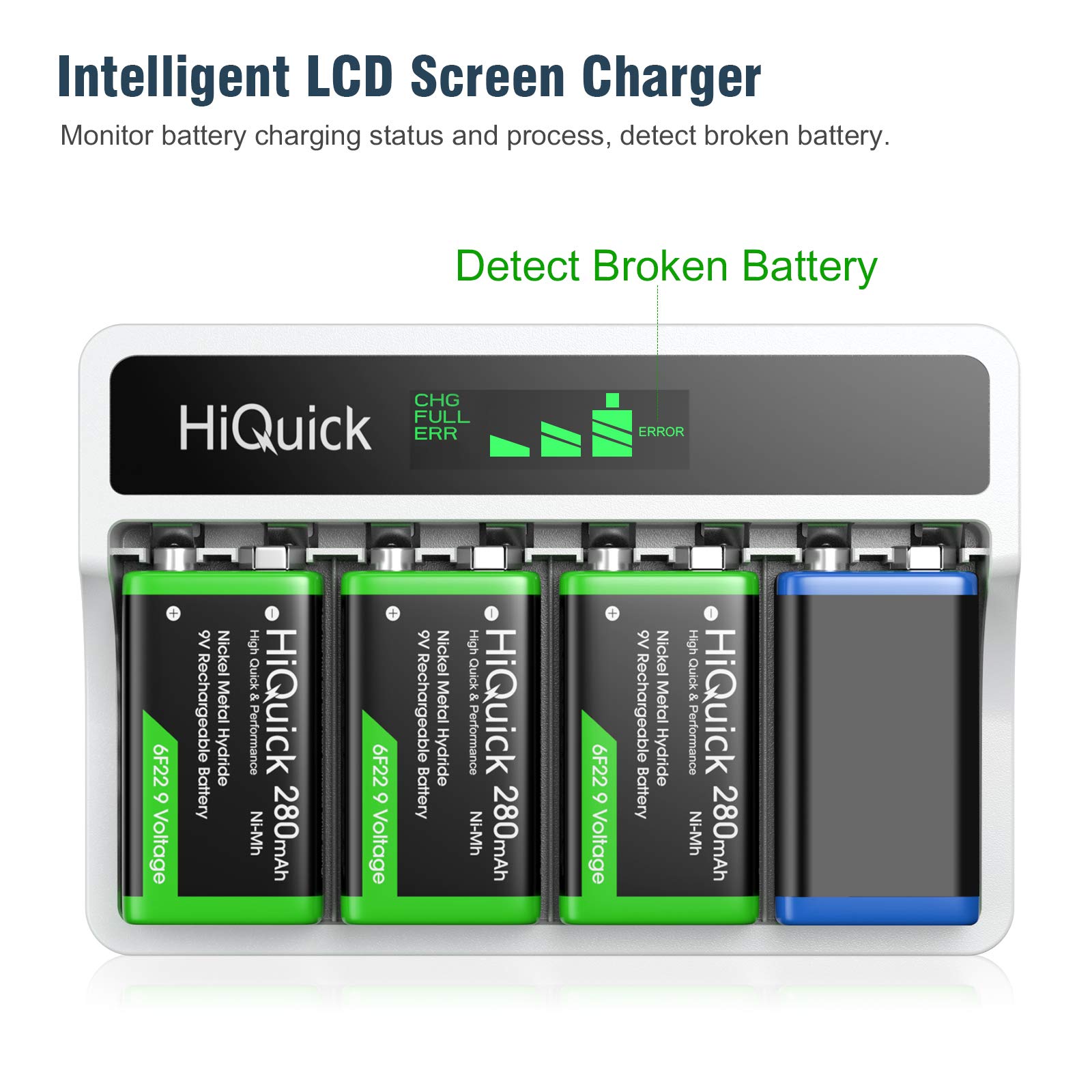 HiQuick 9 Volt Charger, 4 Bay LCD 9V Charger for 9V NiMH NiCD Li-ion Rechargeable Battery