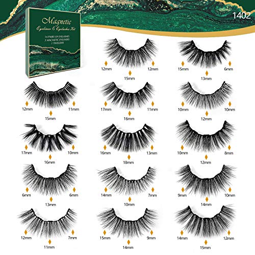 Rechoo Magnetic False Eyelashes Kit- 14 Pairs Different Magnetic Lashes Natural Look with 3 Eyeliners, Reusable 3D Black False Eyelashes with Applicator and Tweezers for Daily Eyelash Extension