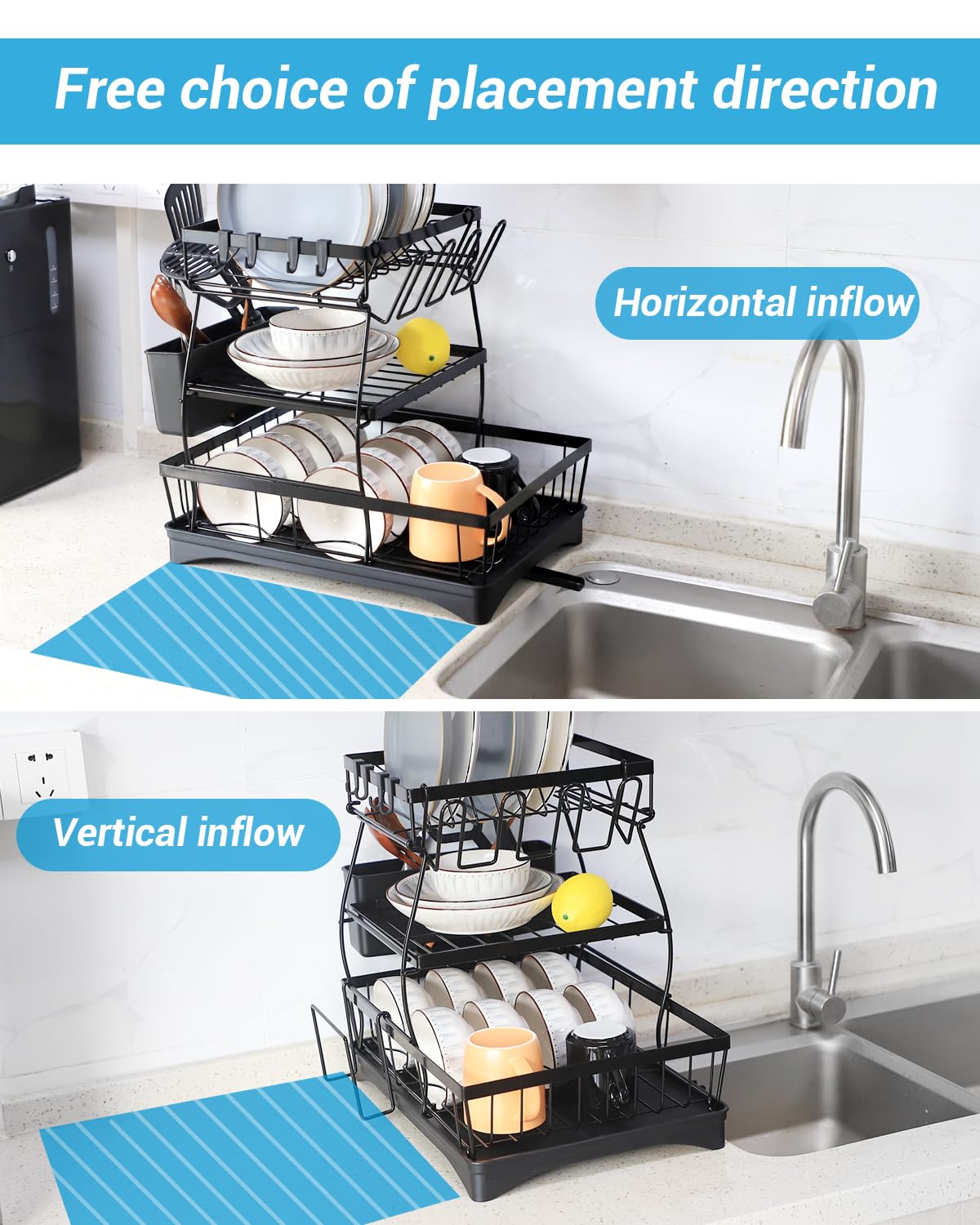 3 Tier Dish Drainer Rack for Kitchen Counter, Large Capacity Dish Drying Rack with 360° Rotating Drainboard, Dish Drainers for Kitchen Sink, Countertop Large Detachable Stainless Steel Dish Rack