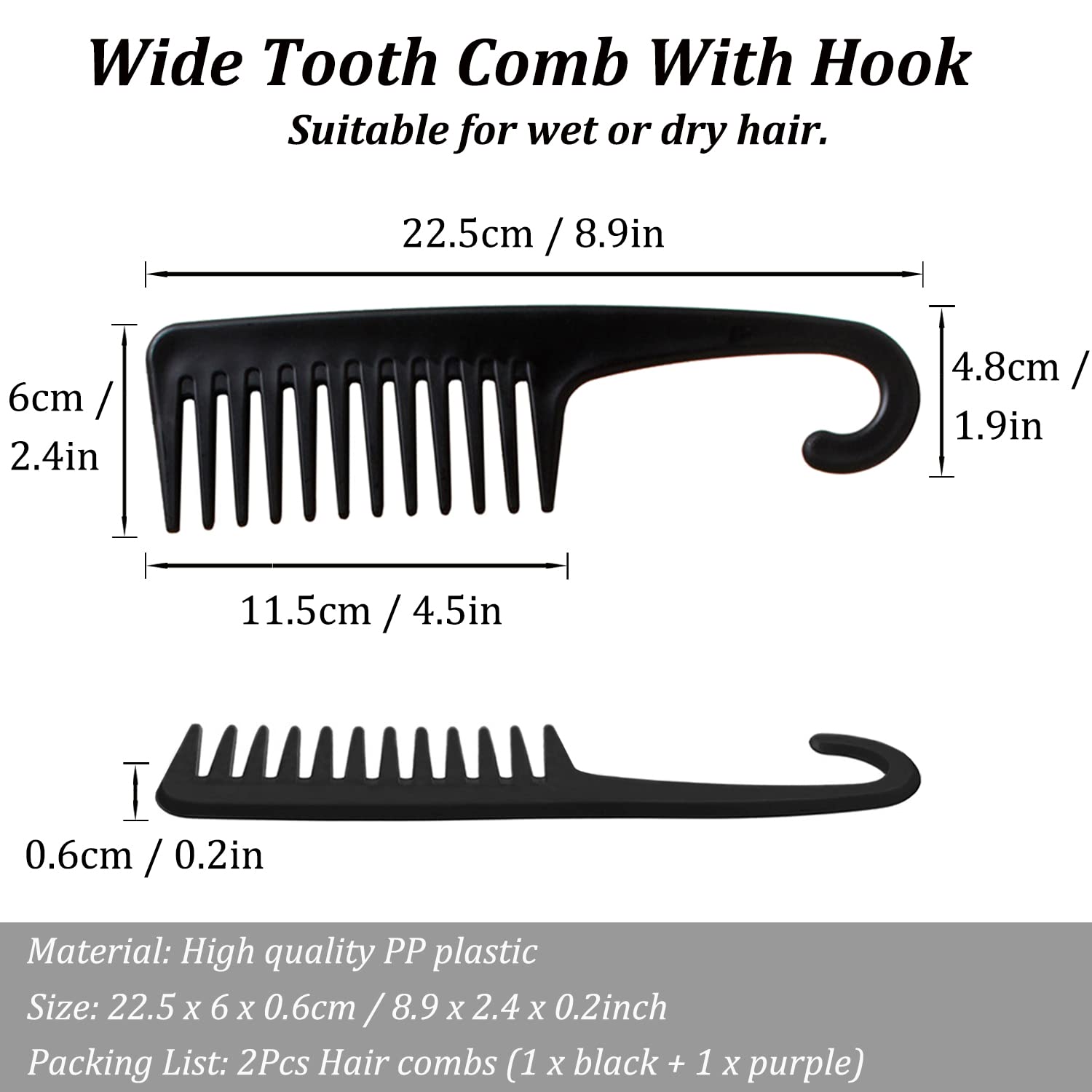 2PCS Large Wide Tooth Comb, Shower Combs with Hook for Wet Curly Hair, Premium Big Hair Brush Combs to Detangle Curls, Women Detangler Comb for Detangling Wigs, Styling Dry Thick Long Cabello