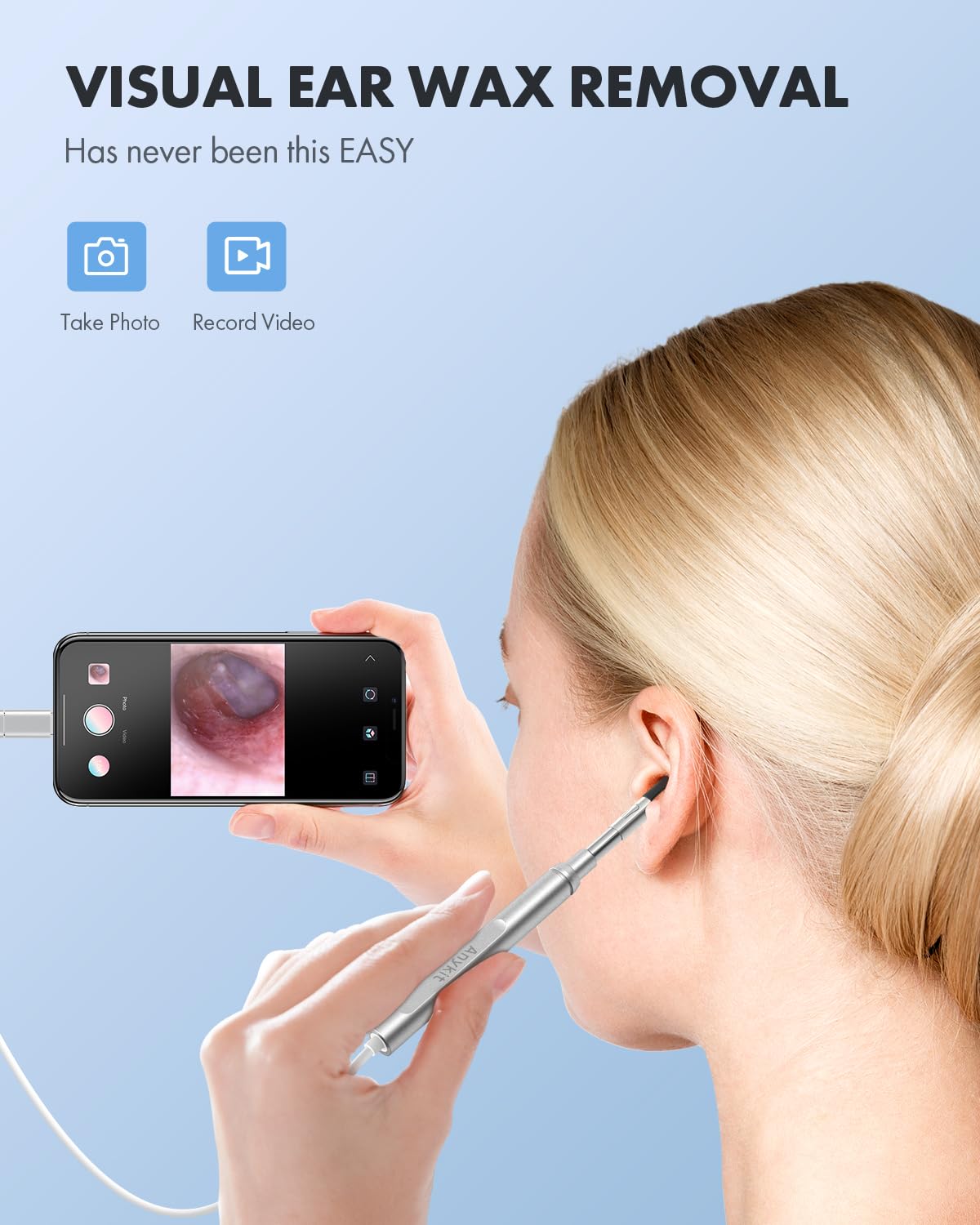 Anykit Ear Wax Removal Tool, Ultra Clear View Ear Scope with LED Lights for Ear Cleaning, Ear Cleaner Camera Otoscope with Ear Spoon & Specula for Phone & Tablet