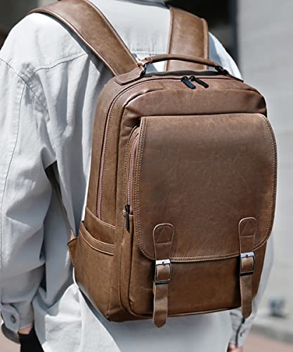 AKAKA Men Brown Outdoor Backpack Imitation Leather Weekend Bag Leisure Bag Carrying Backpack Old Fashion Traveling Laptap Backpack with USB Port.