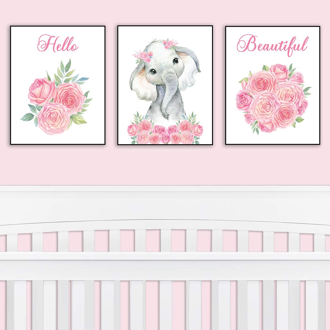 Elephant Bedroom Wall Art Decor for Nursery | Decorative & Easy to Frame Printed Pictures 8x10-inch | 3 - (UNFRAMED) Prints Nursery or Girl's Bedroom