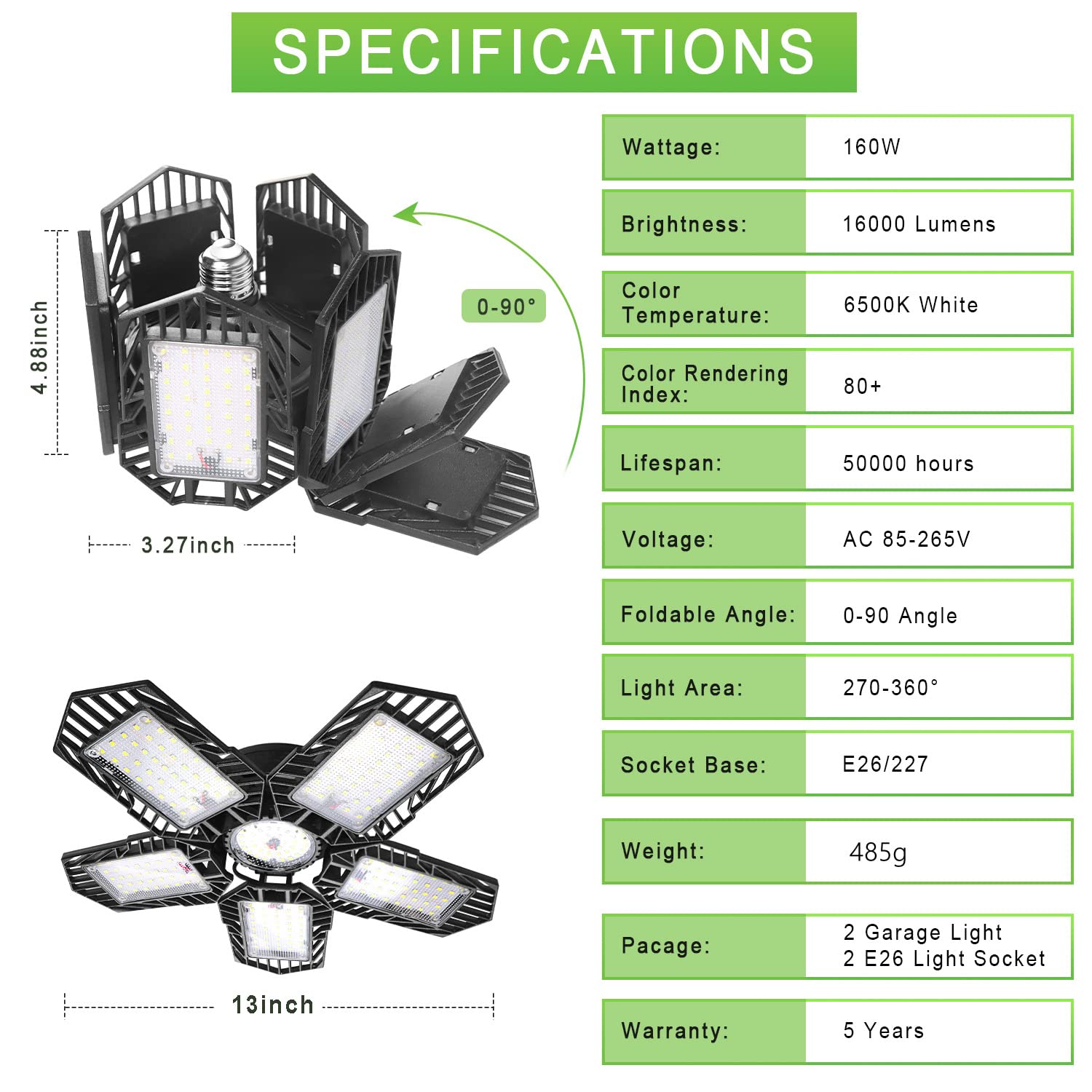 2-Pack LED Garage Lights, 16000LM-6500K LED Deformable Garage Ceiling Light, E26/E27 LED Shop Light Adjustable 5 Panels 160W Garage Lighting, Easy-Installation for Workshop, Basement, Barn(NO Sensor)