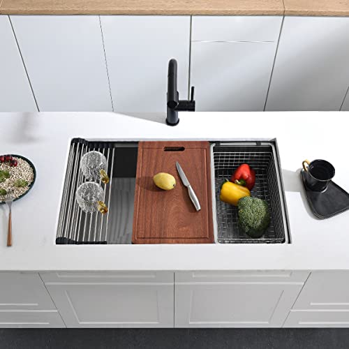 32 Gray Undermount Workstation Kitchen Sink, Dorzom 32βx19β Metallic Matte Gray Stainless Steel Undermount 18 Gauge 10 Inch Deep Single Bowl Workstation Ledge Kitchen Sink with Accessories