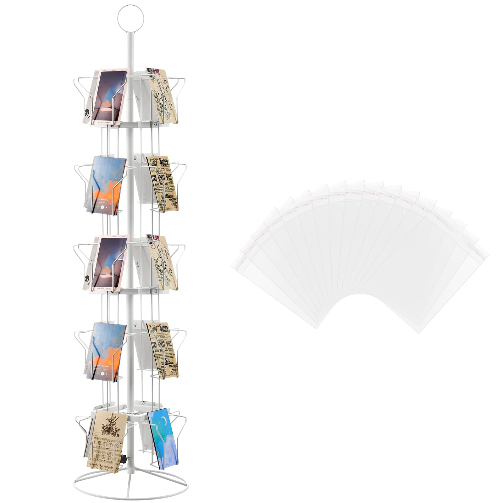 20 Pockets Countertop Rotating Greeting Card Display Rack with 200 Cellophane Bags Plastic Clear Cello Bags 5 Tier Metal Card Display Stand Spinning Postcard Rack for Thrift Retail Grocery(White)