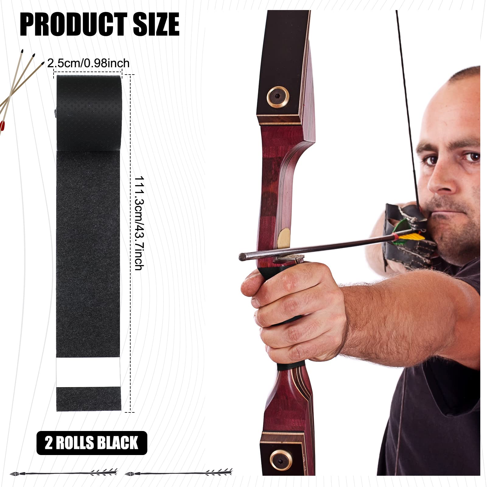 2 Rolls Archery Absorb Sweat Band Sweat Absorbent Archery Grip Strap Bow Handle Non Slip Handle Grip Tape for Archers Compound Bows Bow Riser Handle Arrow, 44 x 1 Inches, Black