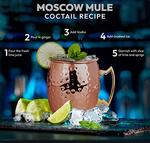 ARTISANS VILLAGE Moscow Mule Mugs | Set of 4 | 100% Pure Copper Solid Mugs | Gold Brass Handles | Size 16 oz | BONUS: Premium Straws and Shot Glass