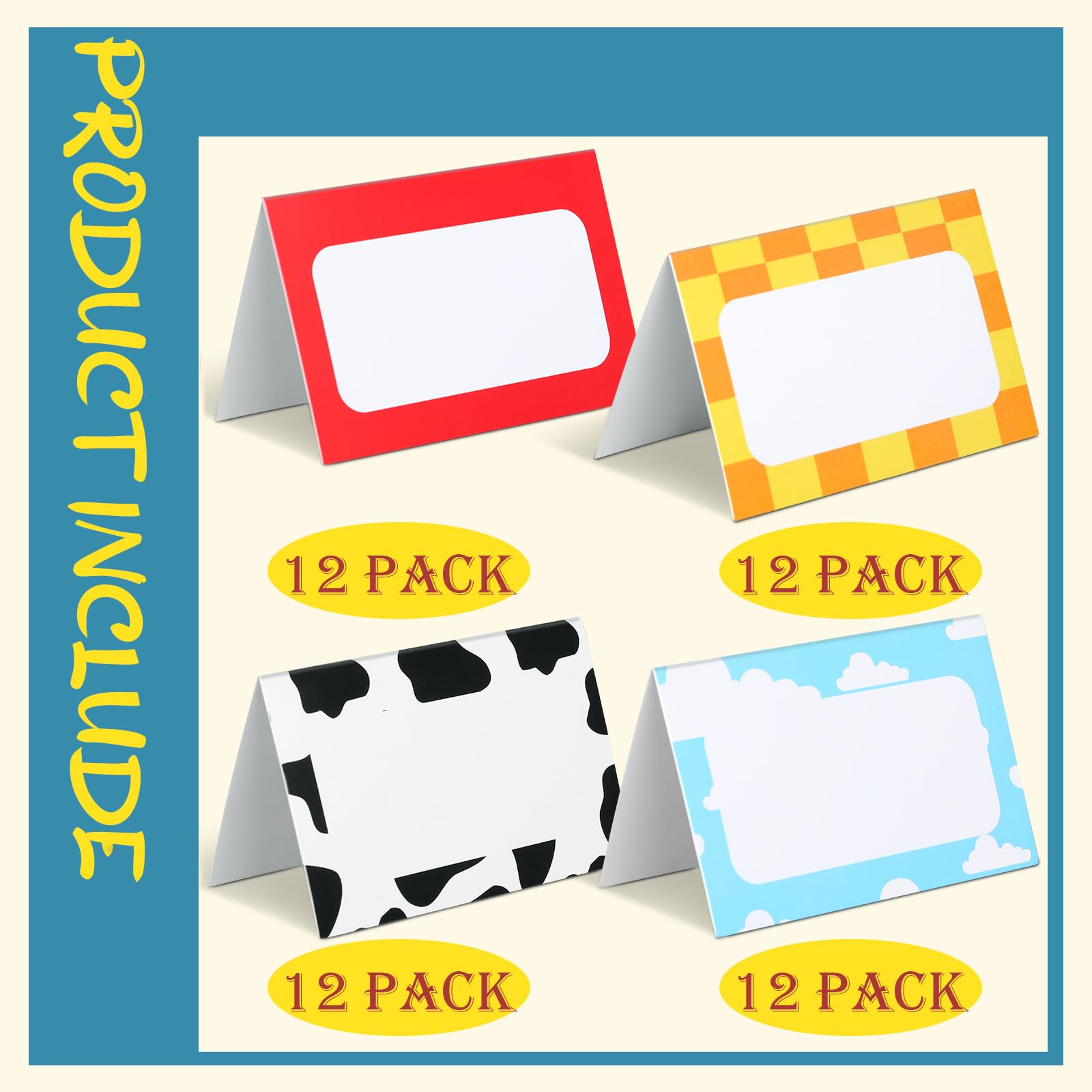 Affrolling 48 Pcs Food Labels Signs Folded Place Cards for Table Setting Blank Name Cards Birthday Party Story Party Decorations(Cartoon Story)