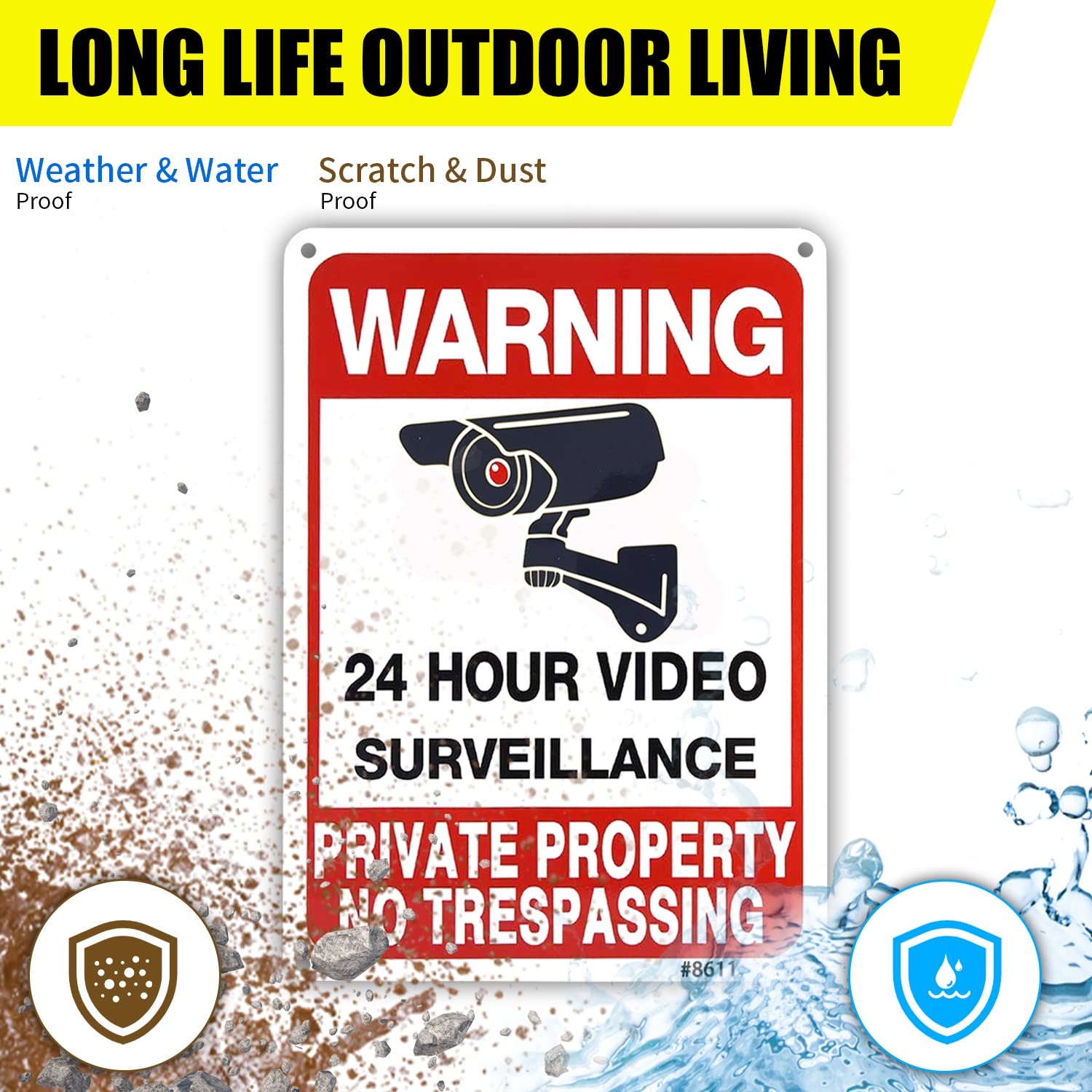 24-Hour Video Surveillance Warning Sign Set of 4 - Aluminum, 10x7 Inches, UV Printed, Deterrent for Private Property Trespassing, No Trespassing Alert Plaque