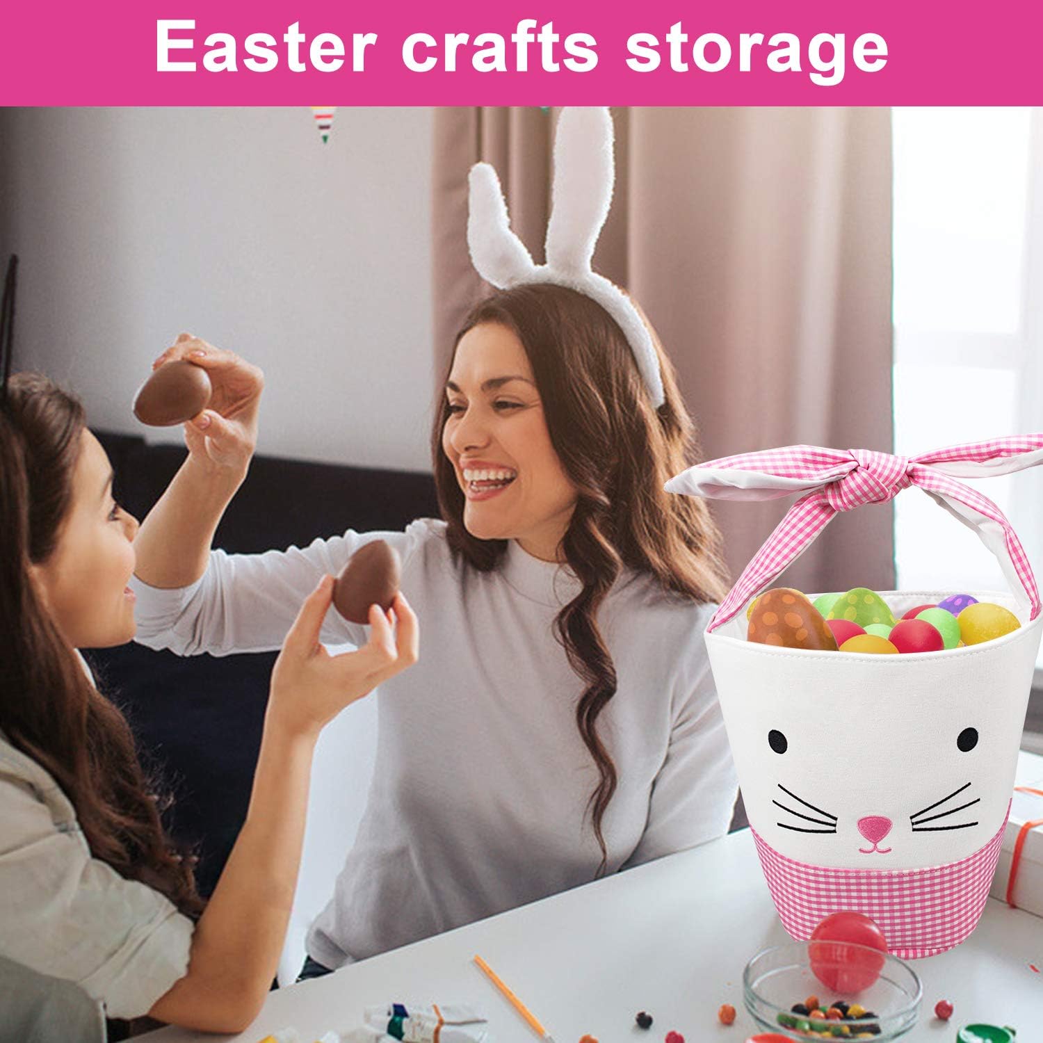 Leesgel Bunny Easter Basket for kids, Easter Basket for Girls Boys Easter Baskets with Handle Easter Bucket Gift Baskets for Kids Easter Basket Bags Party Favors for Kids (Pink)