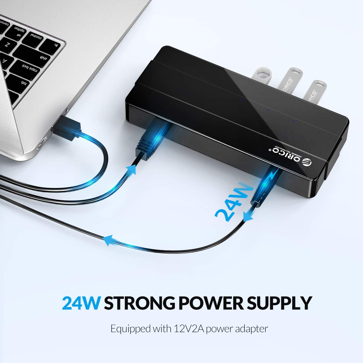 Powered 7-Port USB 3.0 Hub, ORICO USB Data Hub with 12V Power Adapter, Multi USB 3.0 Splitter with 3.3 Ft Long USB Cable for PC, Laptop, Keyboard, Mouse, HDDs and More-Black
