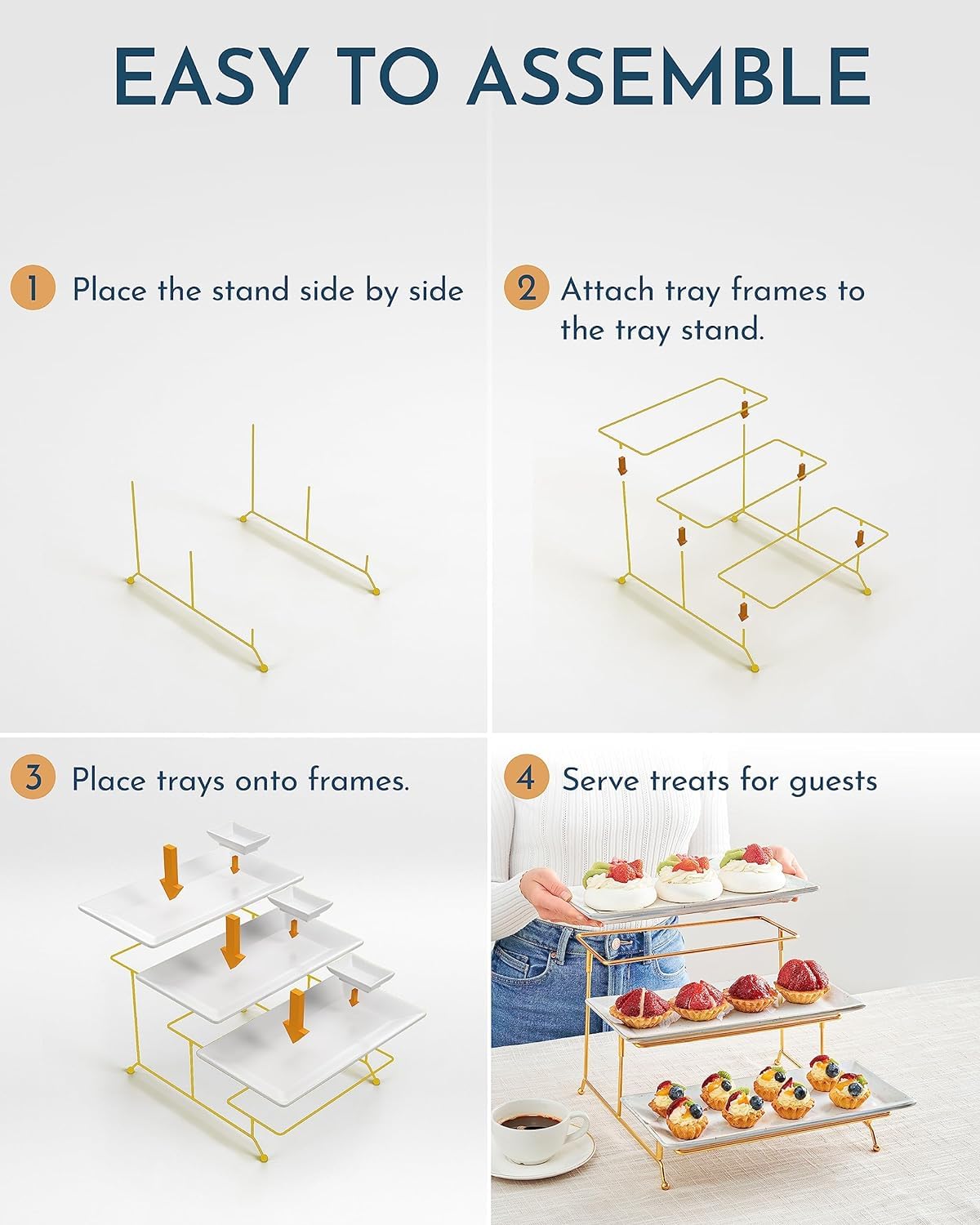 3 Tier Gold Serving Tray Stand with Dipping Bowls - Dessert and Fruit Platter for Hosting, Parties, Celebrations - Swiveling Collapsable Stackable