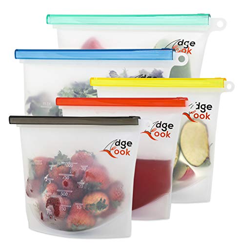 Edge Cook Reusable-Silicone-Food-Storage-Bags - Premium Airtight-Seal-Best-For-Food-Cooking and Preserving - 100% Leakproof, Eco-friendly, Dishwasher, Oven, Freezer Safe (Set of 5-2 Large+3 Medium)