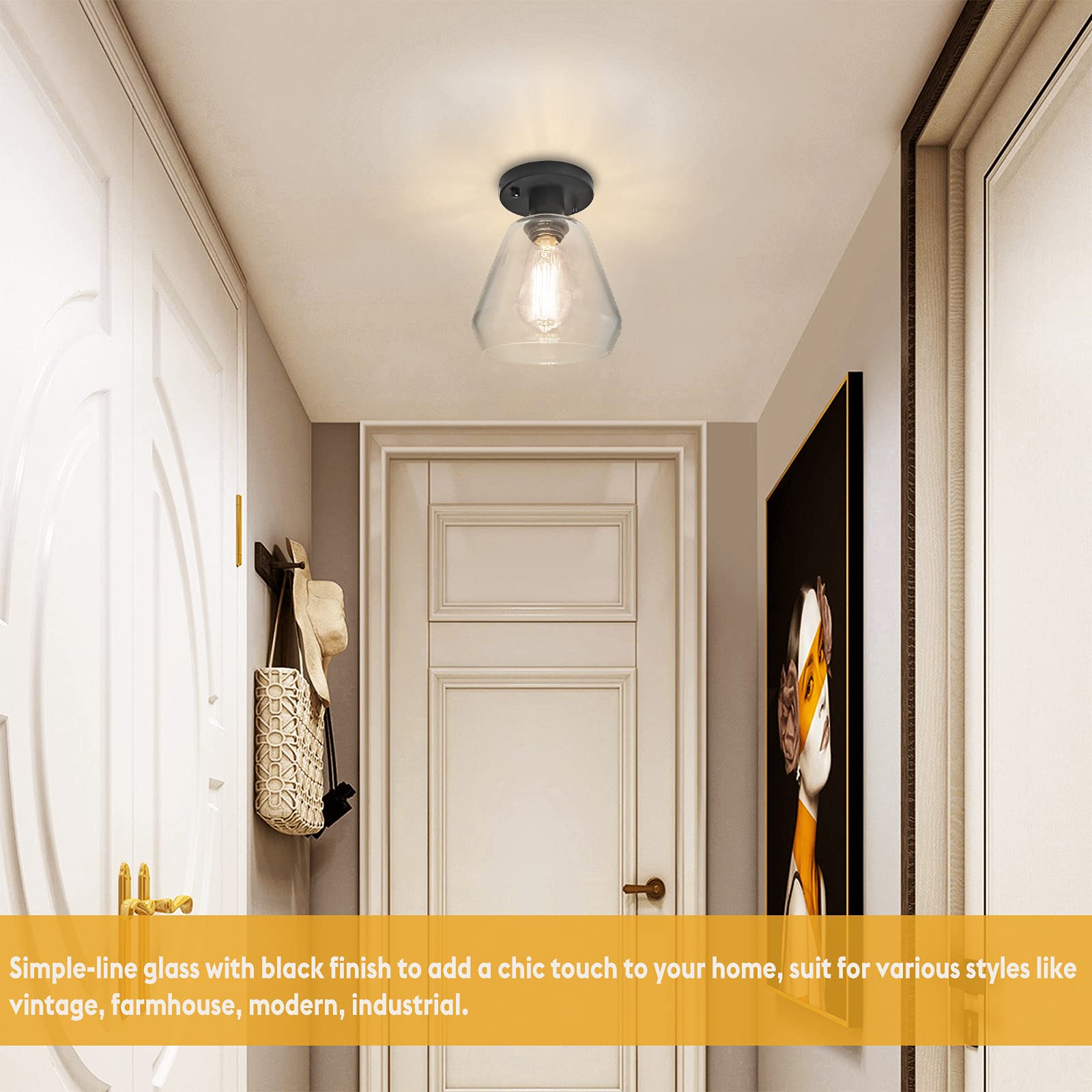 2-Pack Modern Industrial Semi Flush Mount Ceiling Light with Clear Glass Shade, Black Farmhouse Ceiling Light Fixtures for Hallway Bedroom Porch Kitchen Corridor, E26 Socket, Bulbs Not Included