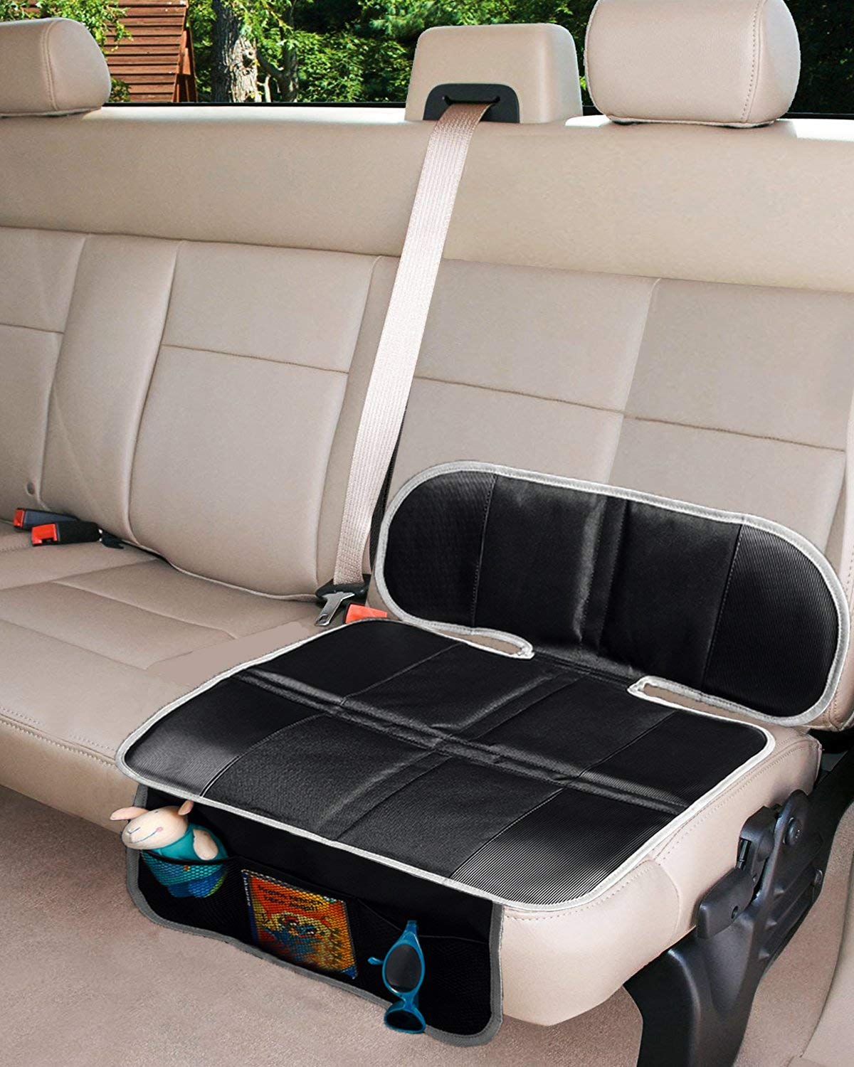 Car Seat Protector, Thick Padding Protection for Child & Baby Cars Seats, Dog Mat, Non Slip and Waterproof Protects Automotive Vehicle Upholstery with Extra Storage Pocket (Black)