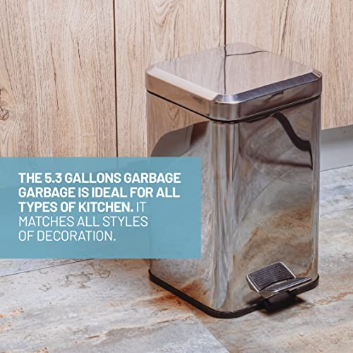 AWENN - Kitchen Garbage Trash Can with Lid and Pedal - Touchless Round Shape Waste Bin - Stainless Steel Dustbin with Removable Inner Bucket for and Outdoors β Gray (5.3 Gallon β 20 Liters)