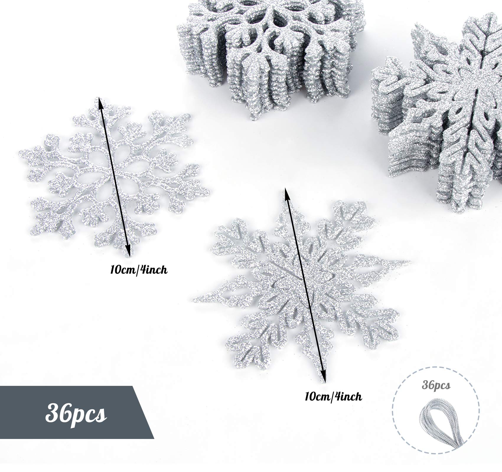 36Pcs Plastic Snowflake Ornaments, Christmas Silver Glitter Snowflake Hanging 4 Inches Large Snowflake Pendants Decorations for Christmas Tree Window Wedding Embellishing Party Decorations(Silver)