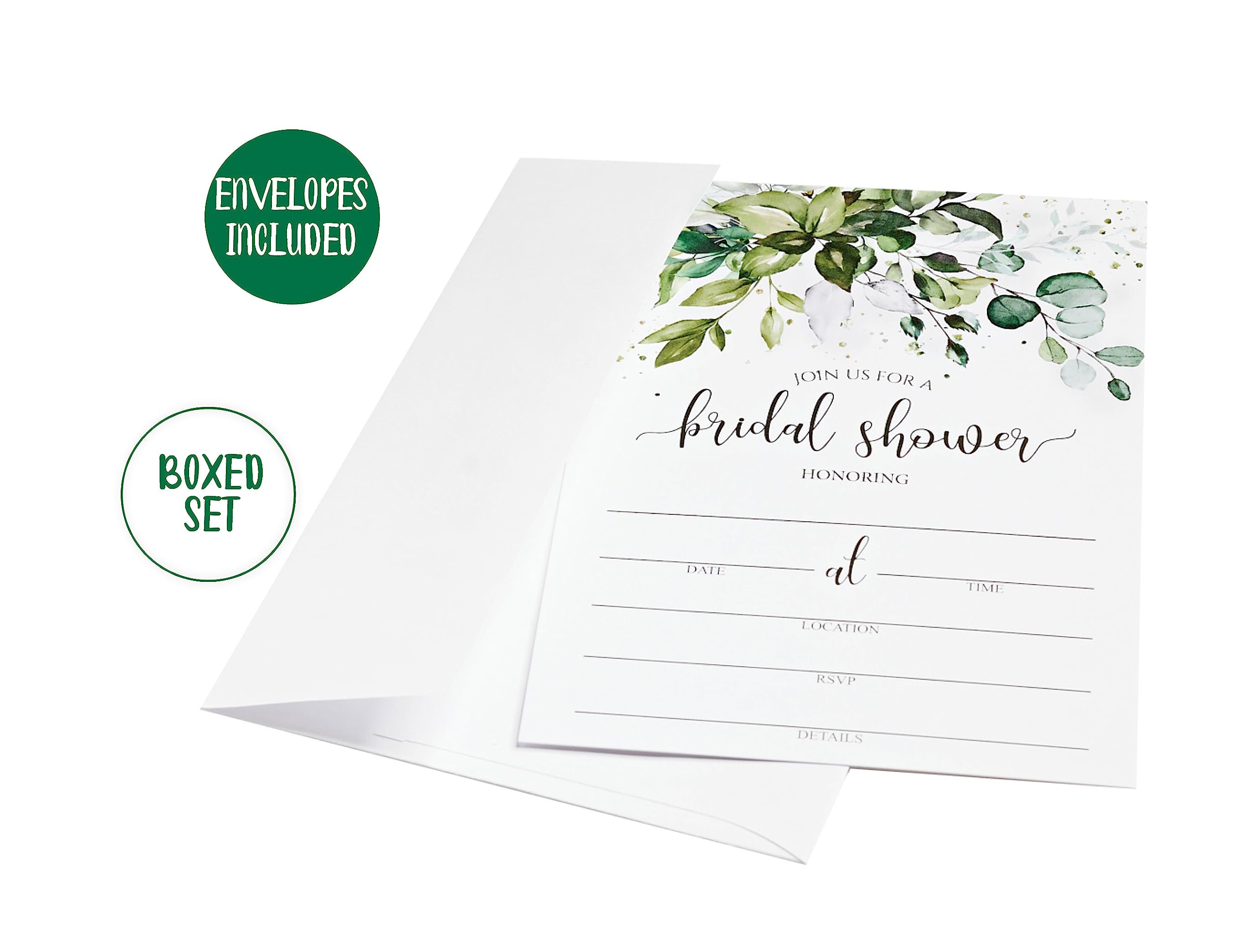 All Ewired Up 50 Greenery Eucalyptus Bridal Shower Invitations and 50 Envelopes, Boxed Set, Sage (Large Size 5x7) - (100 pieces)