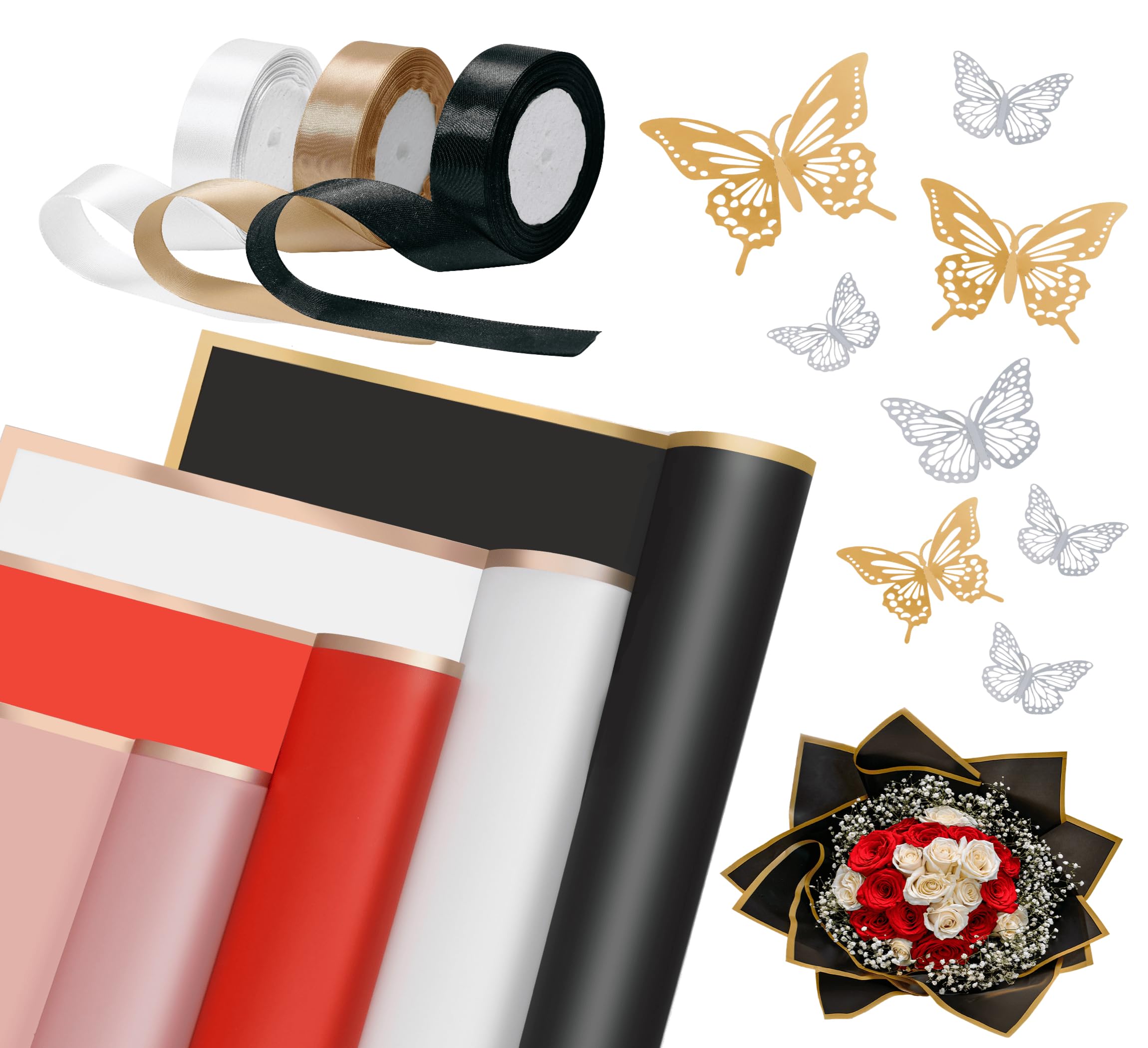 48 Sheets Flower Wrapping Paper , Wrapping Paper with 24 Butterflies 3D and 3 Satin Ribbon , Bouquet Wrapping Paper Waterproof , Papel para Ramos de Flores , Floral Wrapping Paper, Floral Paper (4 Colors)