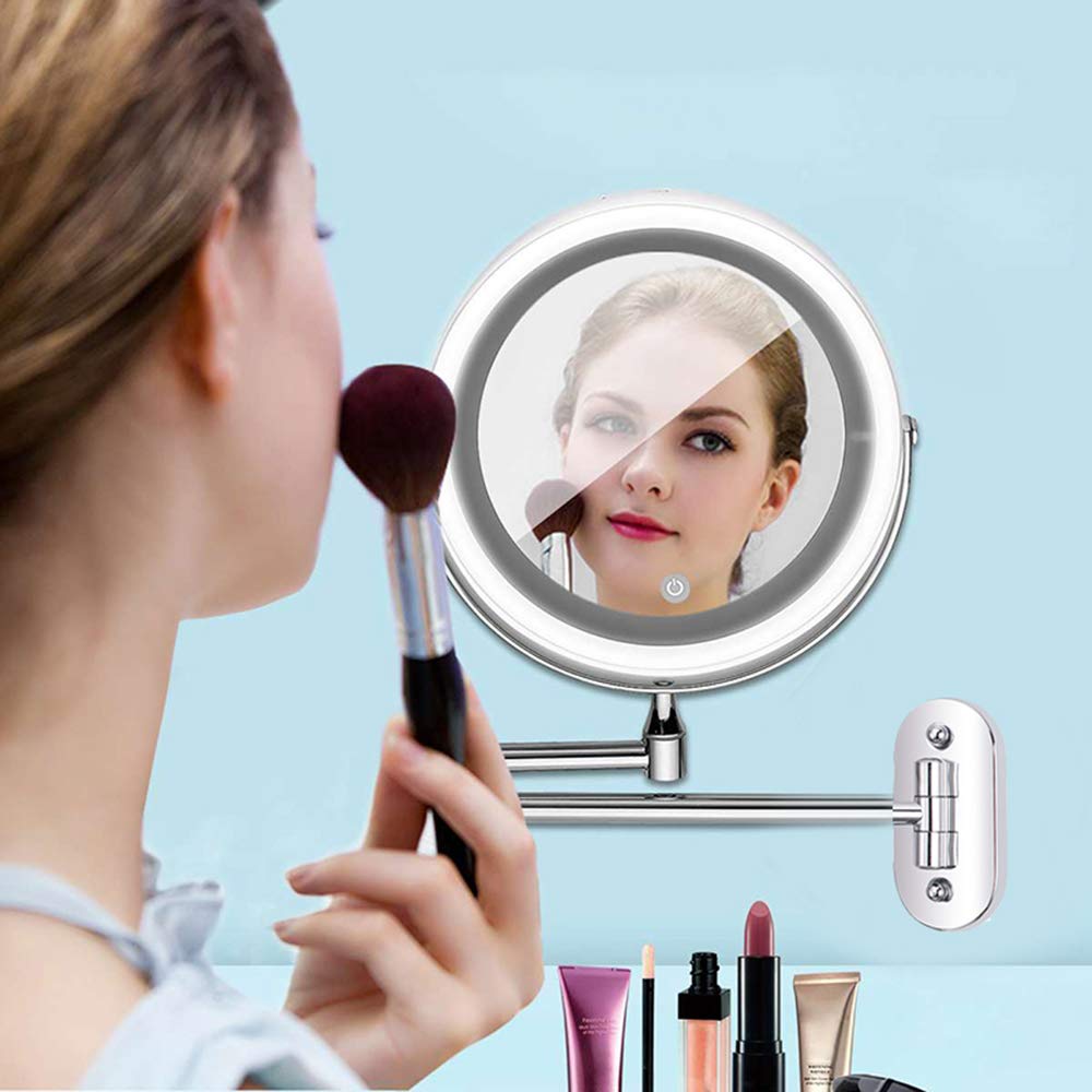8 Inch Makeup Mirror, 7X Wall Mounted Magnifying Vanity Mirror with Lights 360 Degree Rotation Adjustable Extending Folding Bathroom Mirror for Dressing Table, Makeup Room