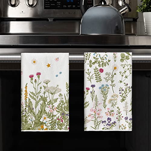 Artoid Mode Wildflower Floral Fall Kitchen Towels Dish Towels, 18x26 Inch Leaves Holiday Decoration Hand Towels Set of 2