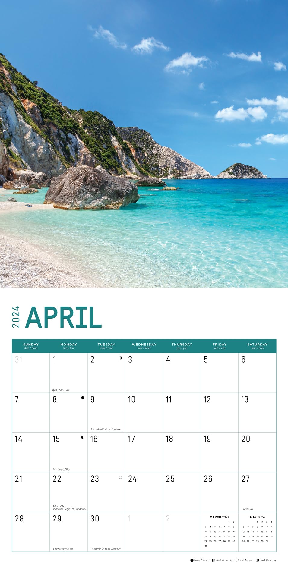 2024 Beaches Monthly Wall Calendar by Bright Day, 12 x 12 Inch Beautiful Landscape Photography Gift