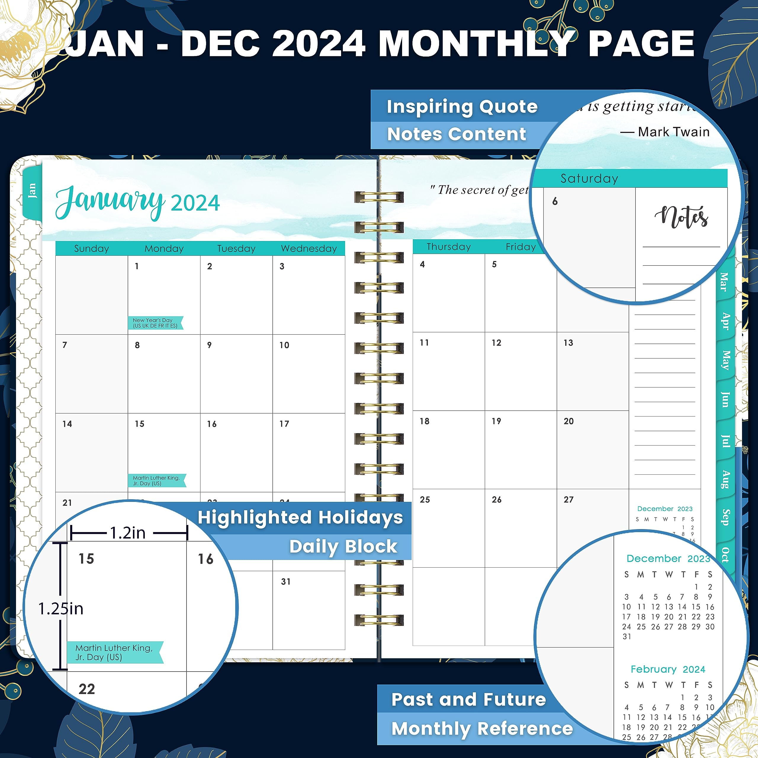 2024 Planner - Planner 2024, 2024 Planner Weekly and Monthly, Jan 2024 - Dec 2024, 6.4" x 8.5", 2024 Calendar Planner with Monthly Tabs, Back Pocket, Holidays, Thick Paper, Twin-Wire Binding
