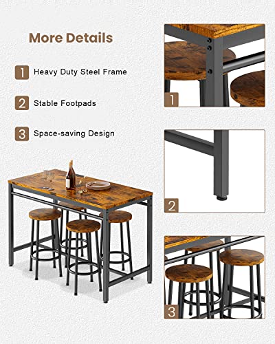 AWQM Bar Table Set, Kitchen Table and Chairs for 4, Industrial Counter Height Pub Dining Set with 4 Round Bar Stools, Heavy Duty Metal Frame, Rustic Brown and Black