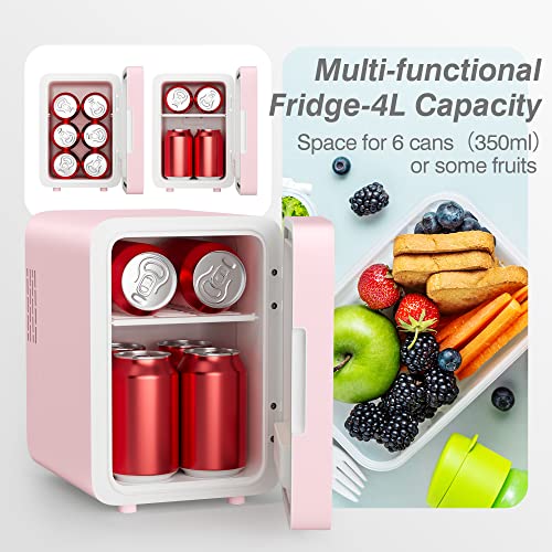 Easy-Take Skincare Fridge - Mini Fridge with Dimmable LED Mirror (4 Liter/6 Can), Cooler and Warmer, for Refrigerating Makeup, Skincare and Food, Mini Fridge for Bedroom, Office and Car, Pink