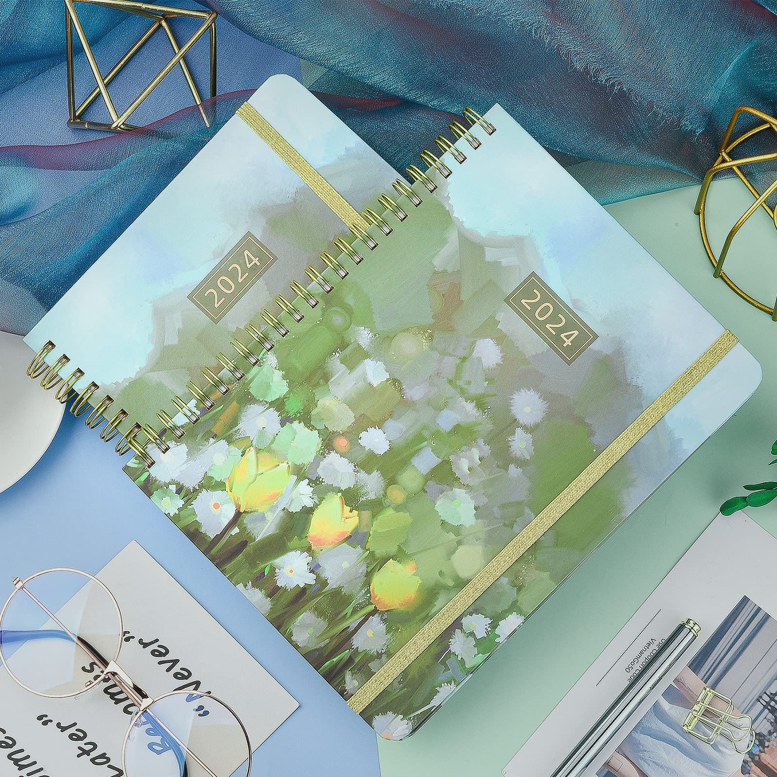2024 Planner, Daily Weekly Monthly Planner with Tabs, 8.5" x 6.4", Hardcover, Elastic Closure, Inner Pocket, Floral Agenda Organizer & Calendar Jan 2024 to Dec 2024, Green Flower