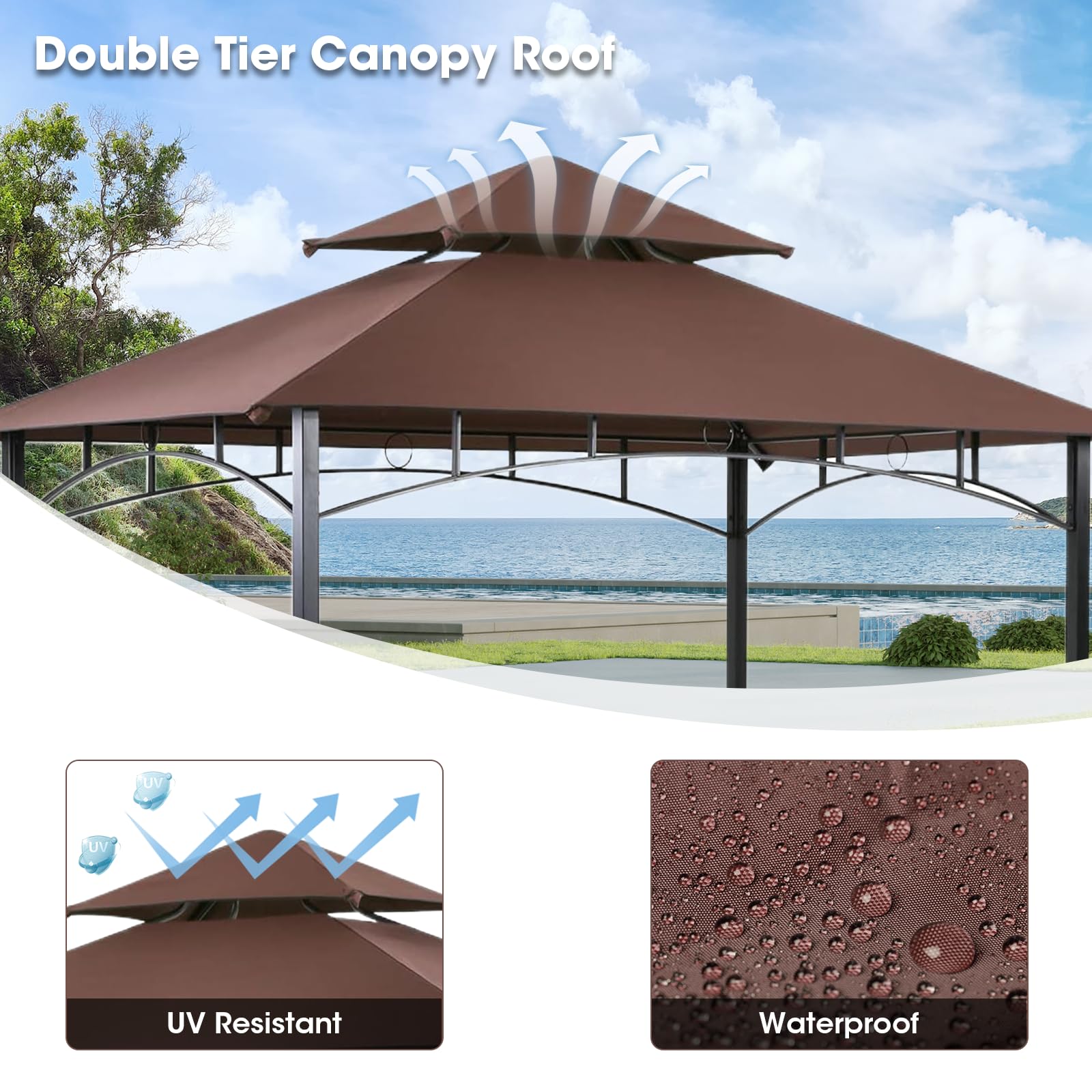 8'×5' Grill Gazebo, Outdoor BBQ Gazebo with Double Tier Canopy Roof, Barbeque Gazebo with 2 Shelves
