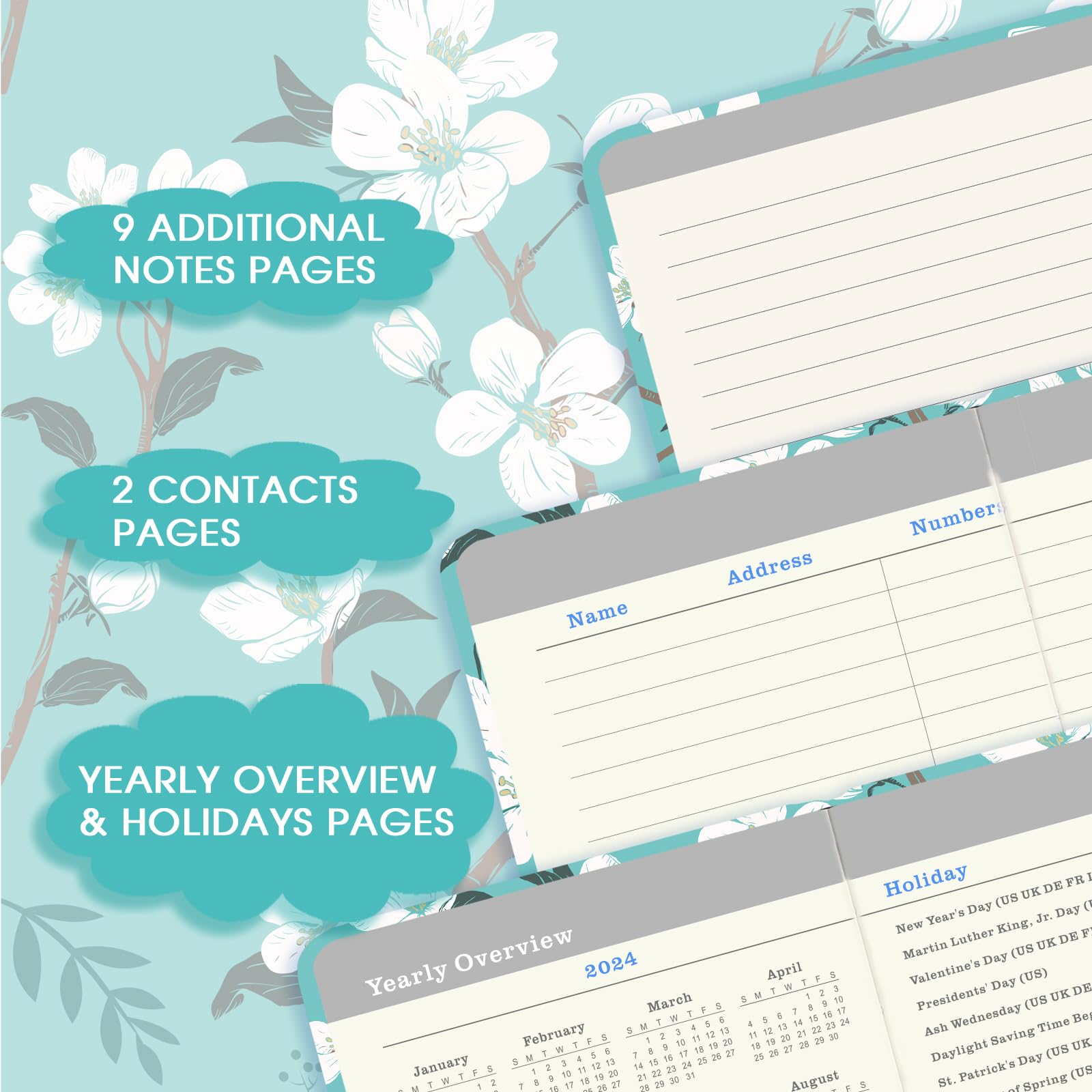 2024 Pocket Planner - Pocket Calendar (12-Month) With Notes Pages, Jan. 2024 - Dec. 2024, 6.2" x 4", 2024 Planner with Contacts, Holidays and Pen Holder, Back Pocket - Green