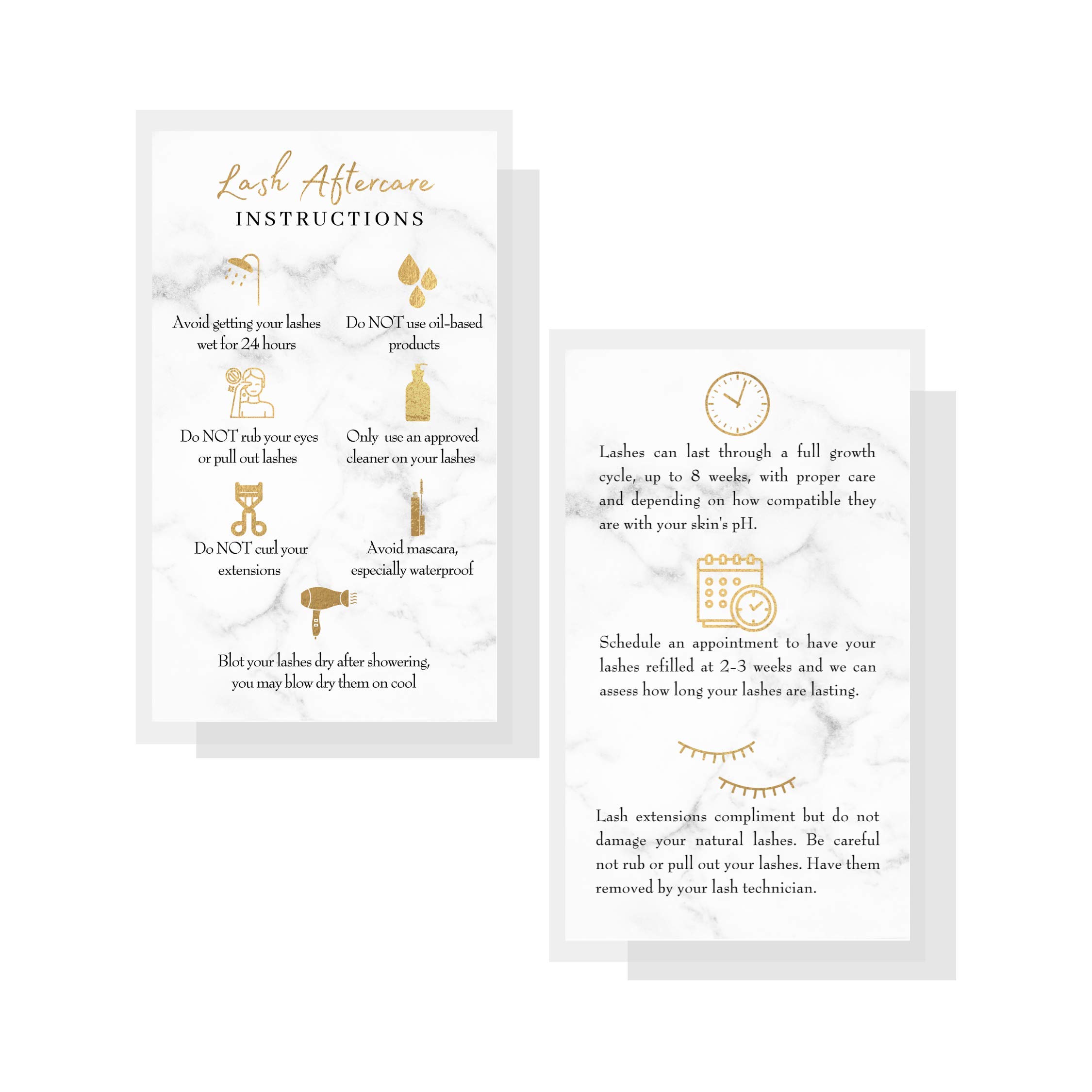 Lash Extension Aftercare Instructions Cards | 50 Pack | Double Sided Size 3.5 x 2" inches After Care (2-3 Week Fillers) | Marble Look with Gold Icons Design