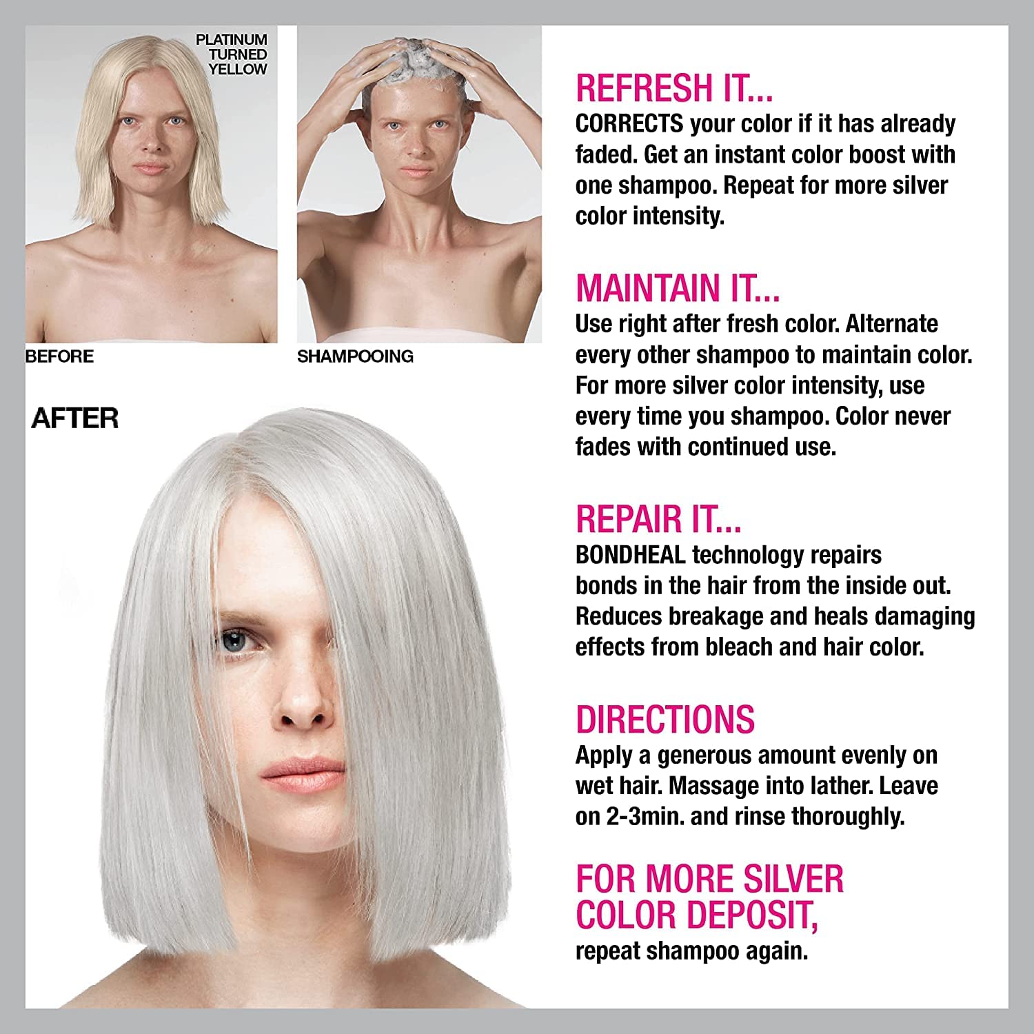 Icy Silver Platinum Hair Color Depositing Shampoo Semi Permanent Hair Color with BondHeal Bond Rebuilder - Toner to Remove Yellow on Blondes and Grays, Silver Hair Dye- 6.4 oz