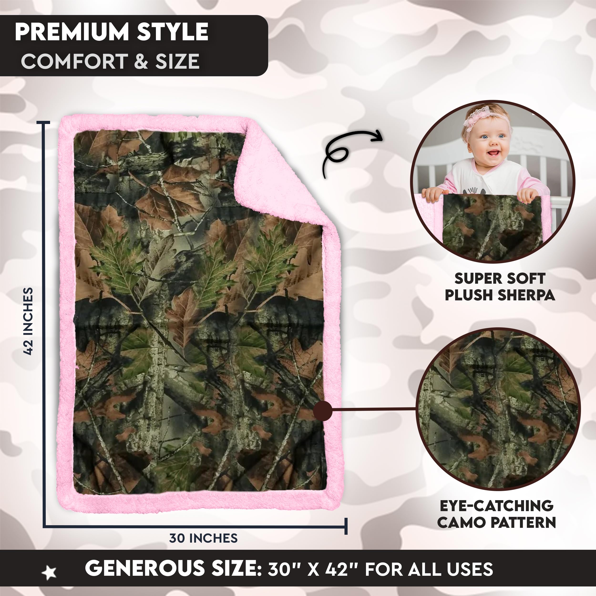 Baby Infant Camo Accent Soft Sherpa and Plushed Lined Coral Fleece Gift Blanket (Everest White)