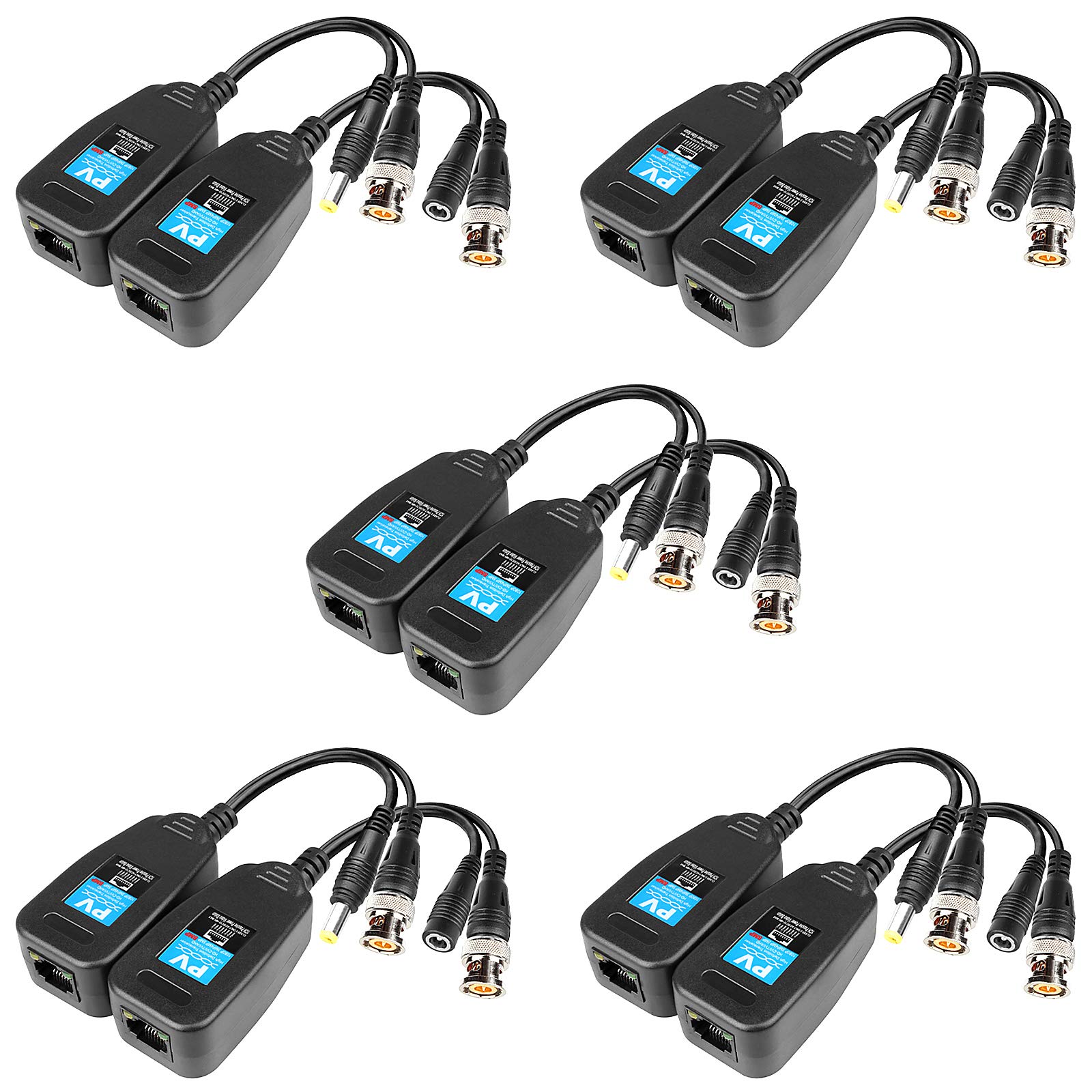 eoere Passive Video Power Balun 8MP BNC DC to RJ45 Network Transceiver Cat5/Cat6 Adapter AHD/TVI/CVI/CVBS for Full HD CCTV DVR Security Surveillance Camera System 5 Pairs