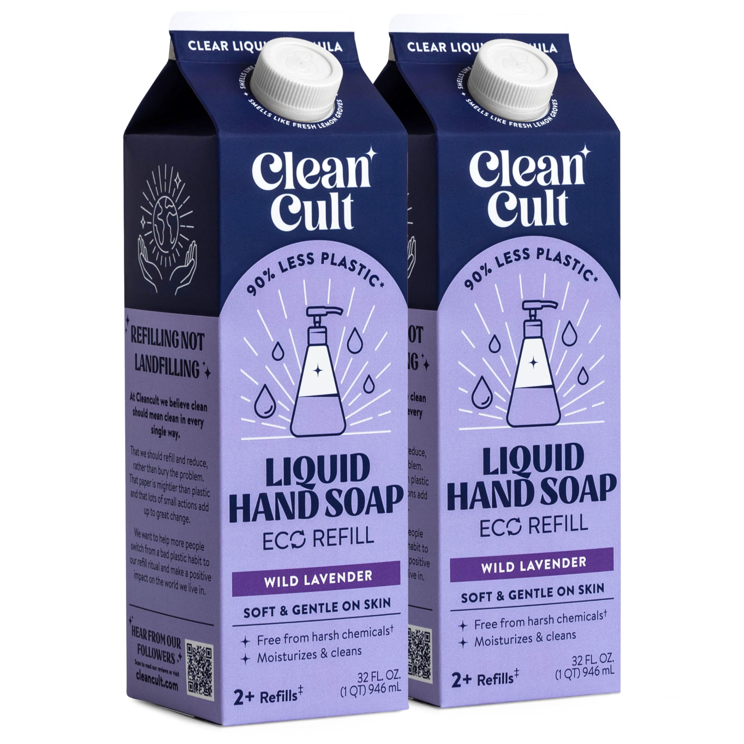Cleancult Liquid Hand Soap Refills - Moisturizes Dry & Sensitive Skin - Made with Aloe Vera & Lavender Essential Oils - Wild Lavender - Eco Friendly - Paper-Based Packaging - 32 oz/2 Pack