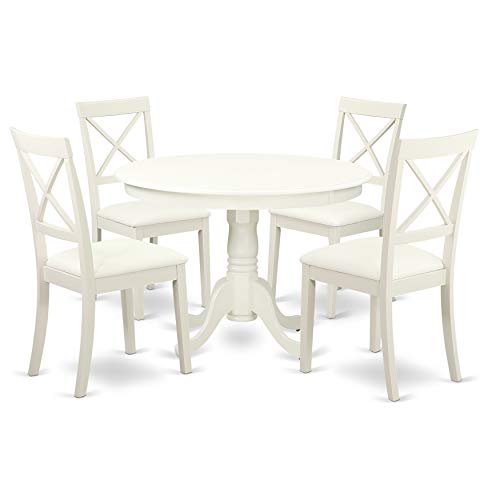 East West Furniture HLBO5-LWH-LC 5-Piece Room Set Included a Round Modern Table and 4 Dining, Faux Leather Kitchen Chairs Seat & X-back