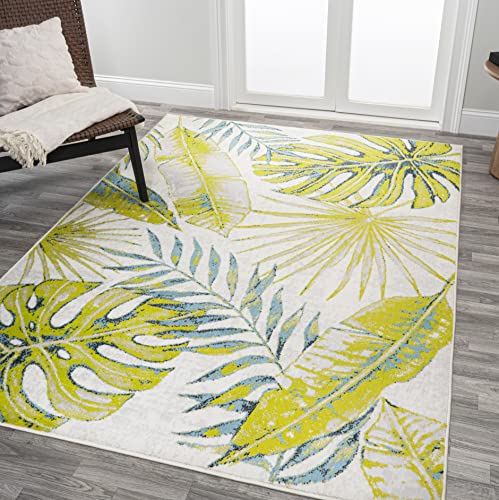 JONATHAN Y LUX100A-4 Monstera Tropical Leaves Indoor -Area Rug, Coastal, Floral, Bohemian Easy-Cleaning,Bedroom,Kitchen,Living Room,Non Shedding, Ivory/Green, 4 X 6