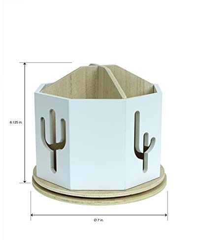 Designstyles Spinning Desktop Stationary Organizer β Decorative Wooden Rotating Pen and Pencil Cup β Desk and Table Top Office Supplies Station (White with Cactus cutout)
